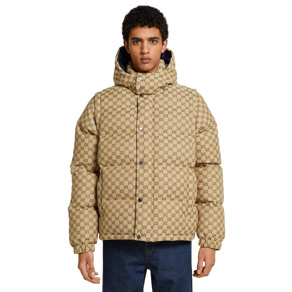 GG canvas down jacket in camel and dark brown | GUCCI® UK
