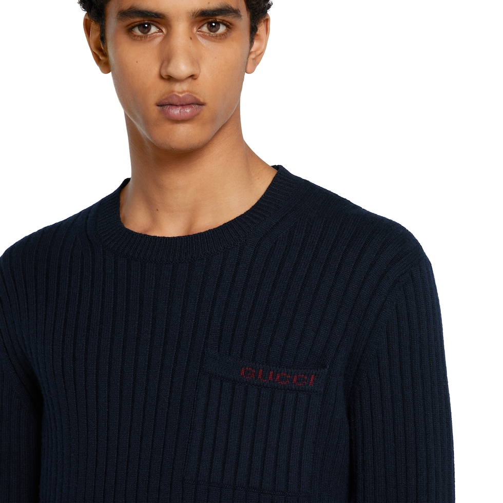 Maglione in maglia di lana e cashmere a coste in blu navy | GUCCI® IT