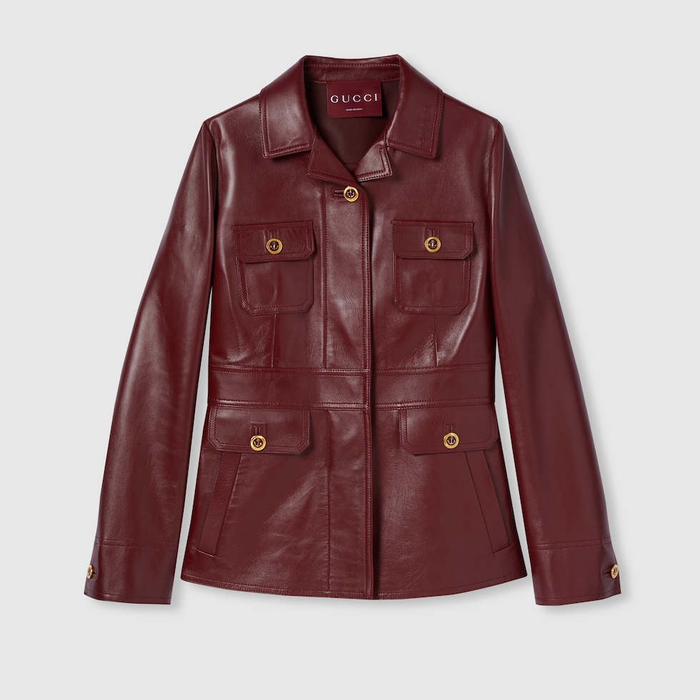 Leather jacket with embossed logo in rosso ancora red | GUCCI® US
