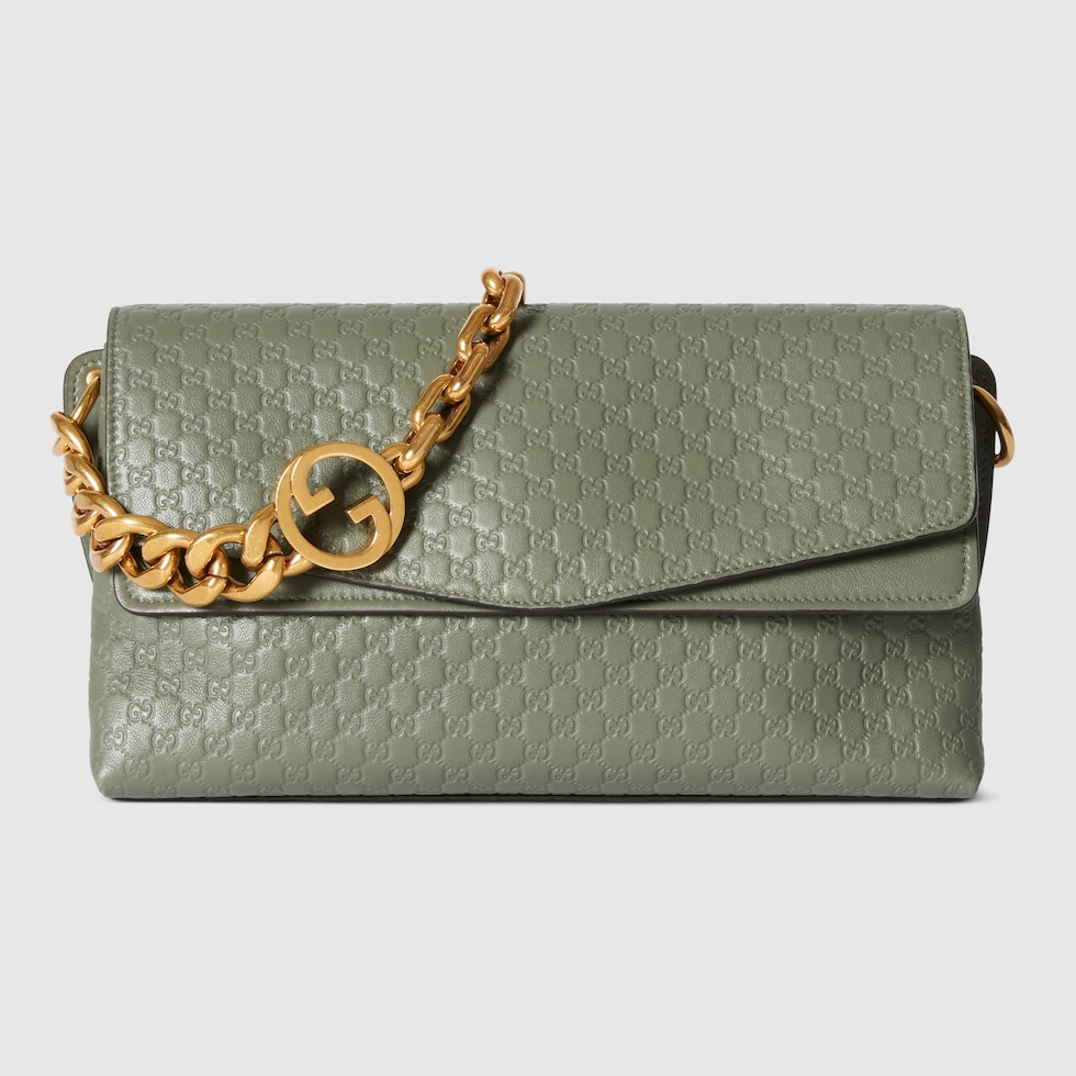 Medium shoulder bag with chain in sage green GG leather | GUCCI® SG