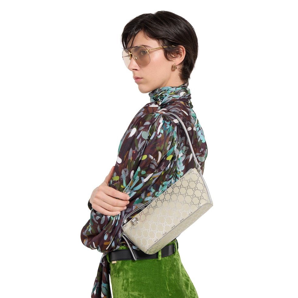 GG Emblem small shoulder bag in silver GG fabric | GUCCI® SG