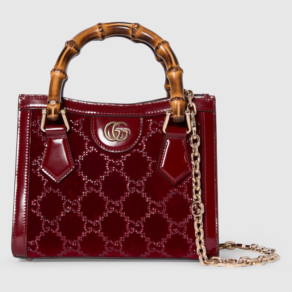 Gucci Diana crystals small tote bag in Rosso Ancora red velvet | GUCCI® BE