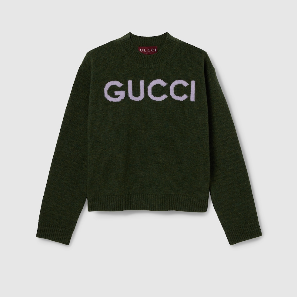 Maglia in lana con intarsio Gucci in verde | GUCCI® IT