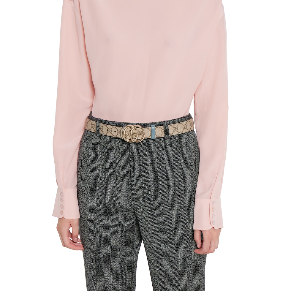 Reversible GG Marmont belt in beige GG Supreme and light blue leather ...