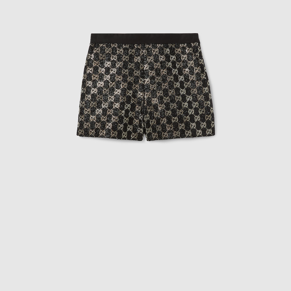 Embroidered wool tweed lamé shorts in black | GUCCI® AE