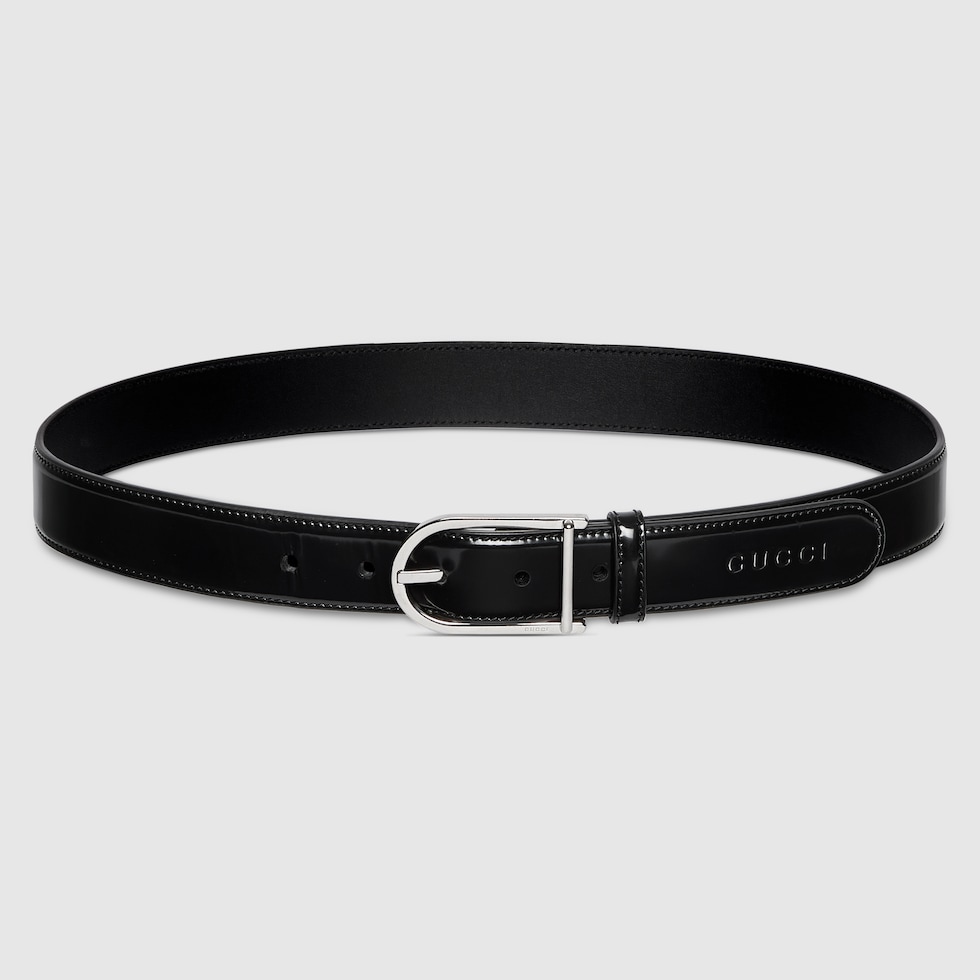 Belt with rounded buckle in black leather | GUCCI® US