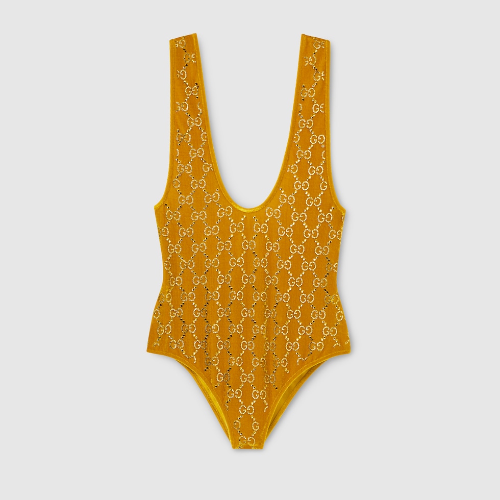 Chenille bodysuit with GG crystals in mustard yellow | GUCCI® QA