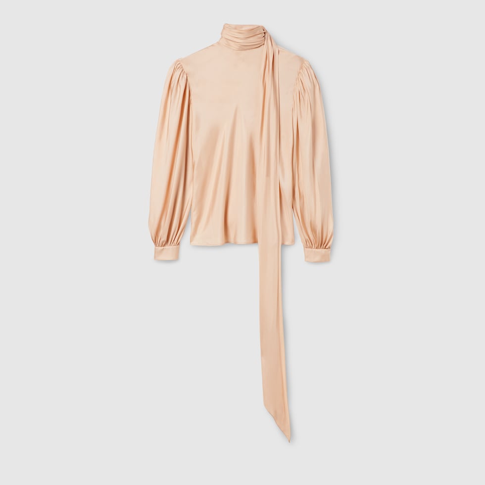 Silk twill shirt with ribbon in light pink | GUCCI® AE