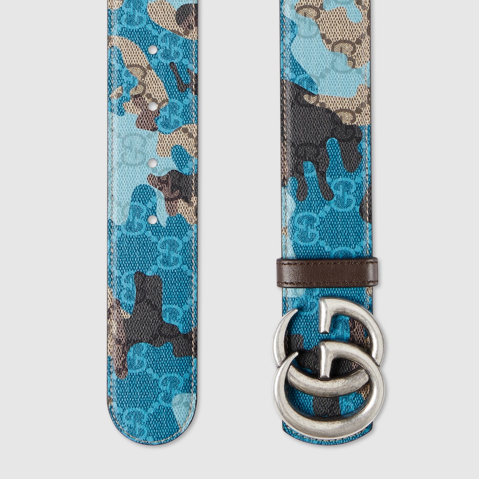 Reversible GG Marmont belt in blue GG fabric and brown leather | GUCCI® UK