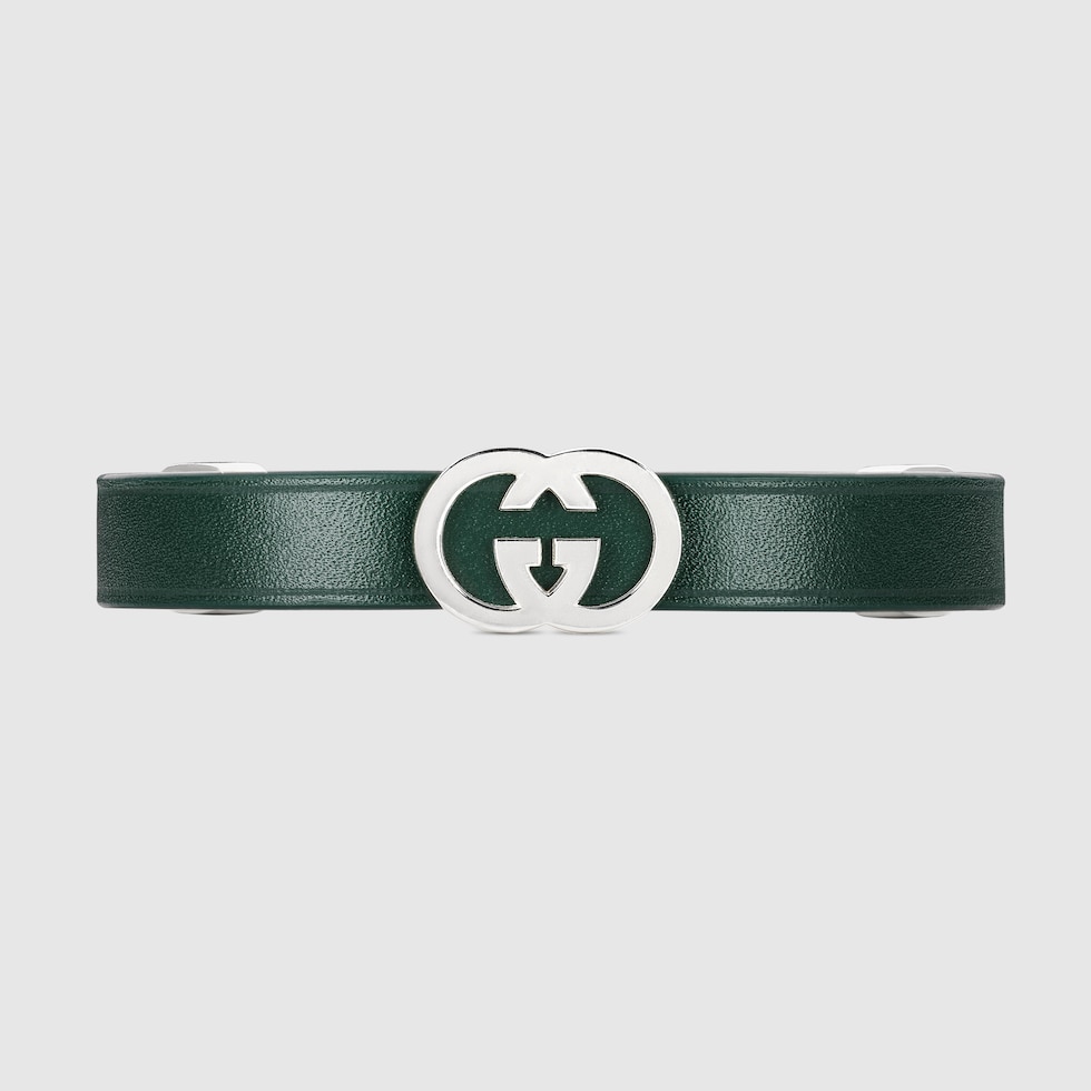 Gucci Interlocking leather bracelet in green leather | GUCCI® US