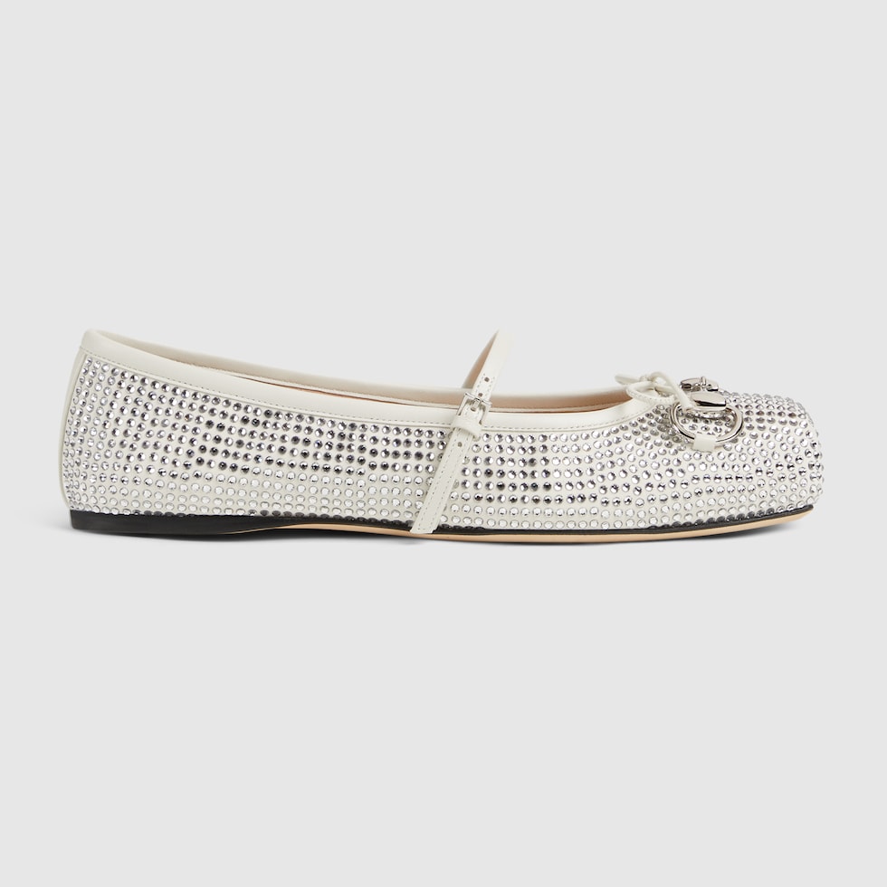 Women's crystal Gucci Horsebit ballet flat in white suede | GUCCI® US