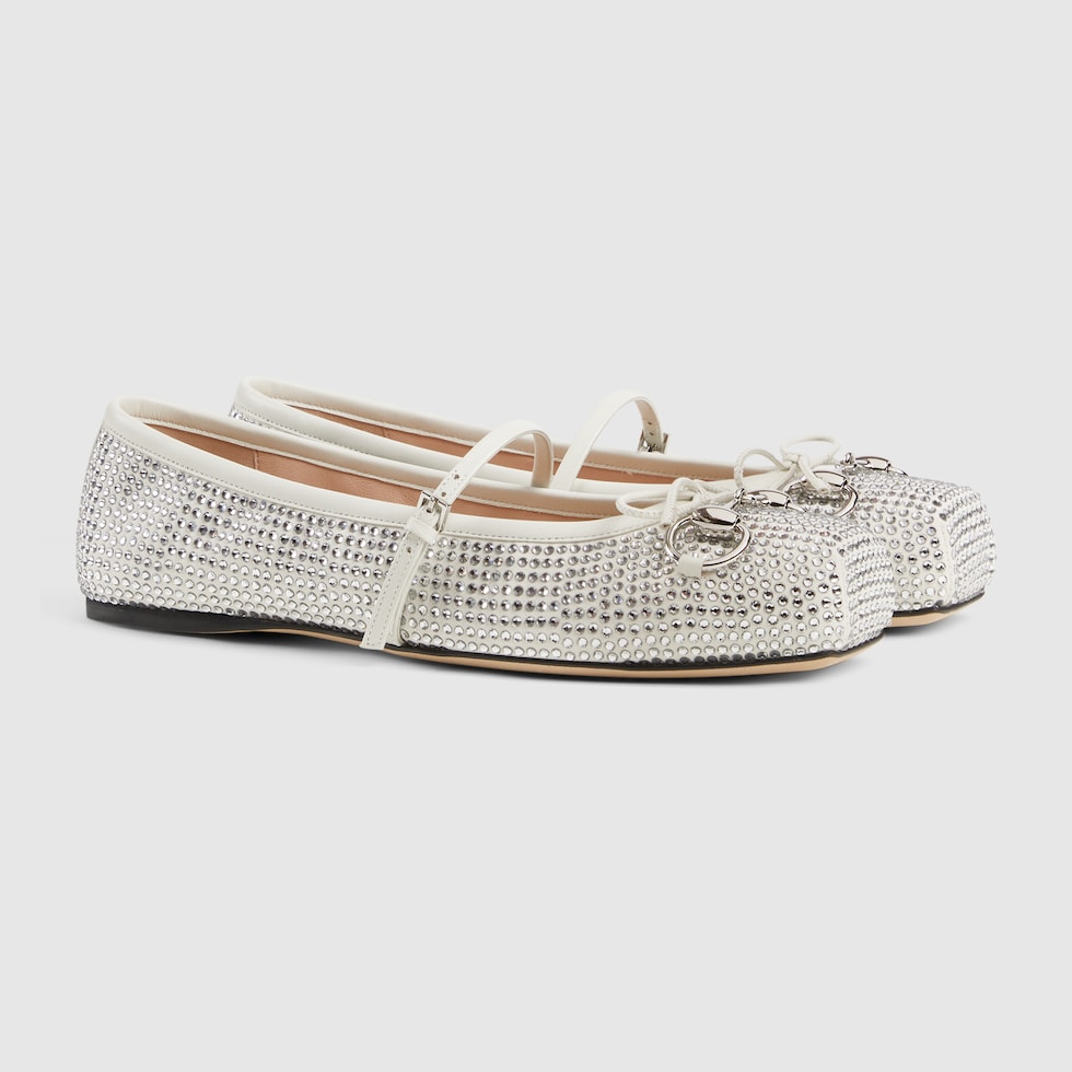 Women's crystal Gucci Horsebit ballet flat in white suede | GUCCI® US