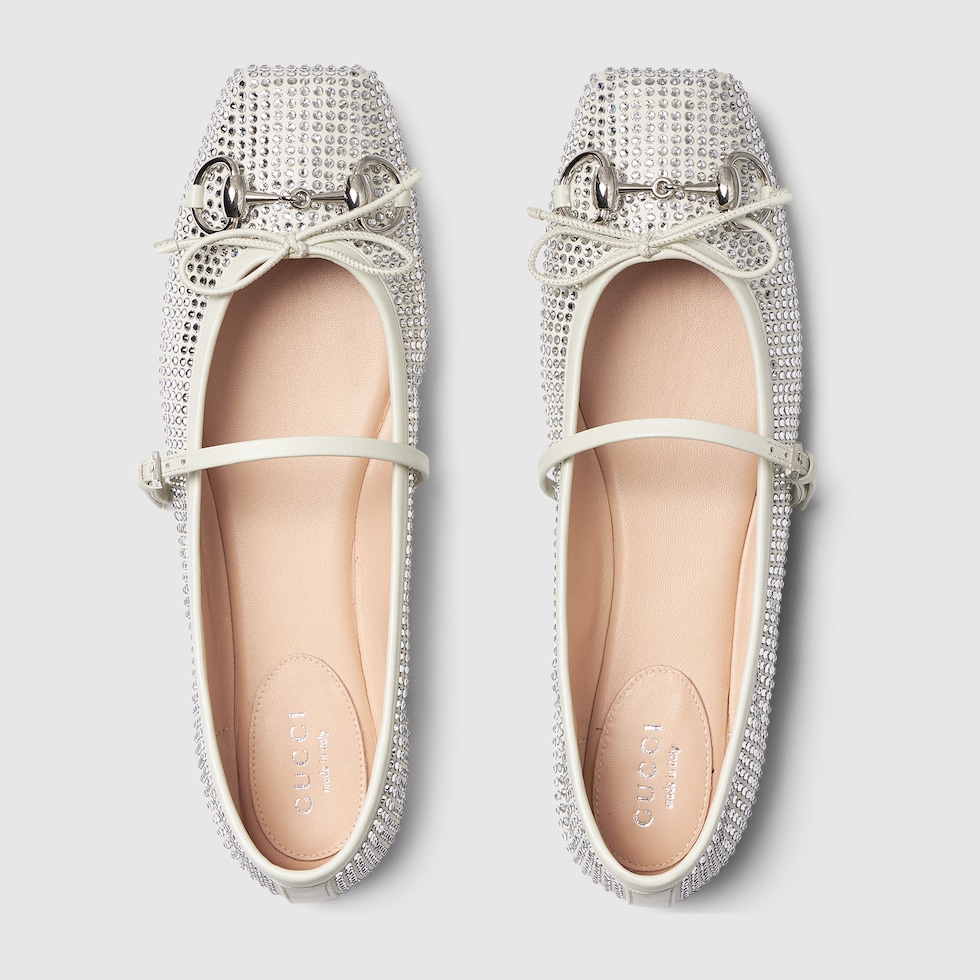 Women's crystal Gucci Horsebit ballet flat in white suede | GUCCI® US