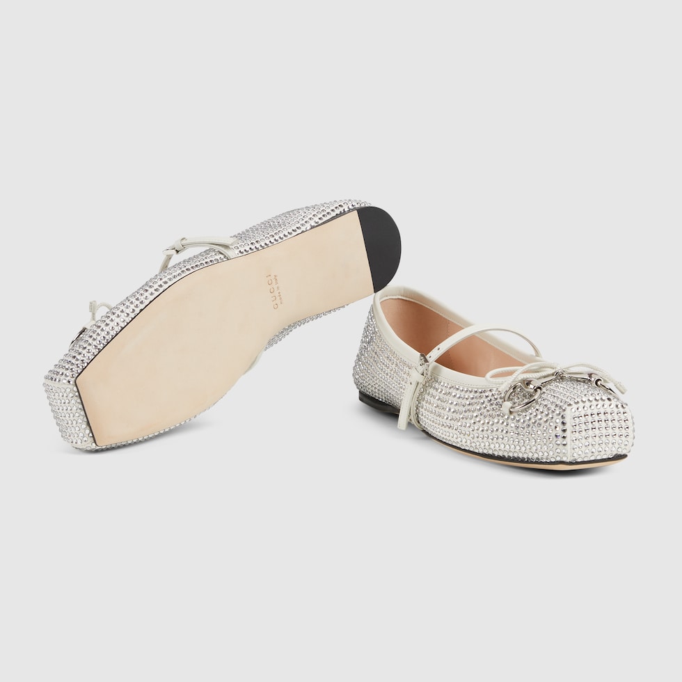 Women's crystal Gucci Horsebit ballet flat in white suede | GUCCI® US