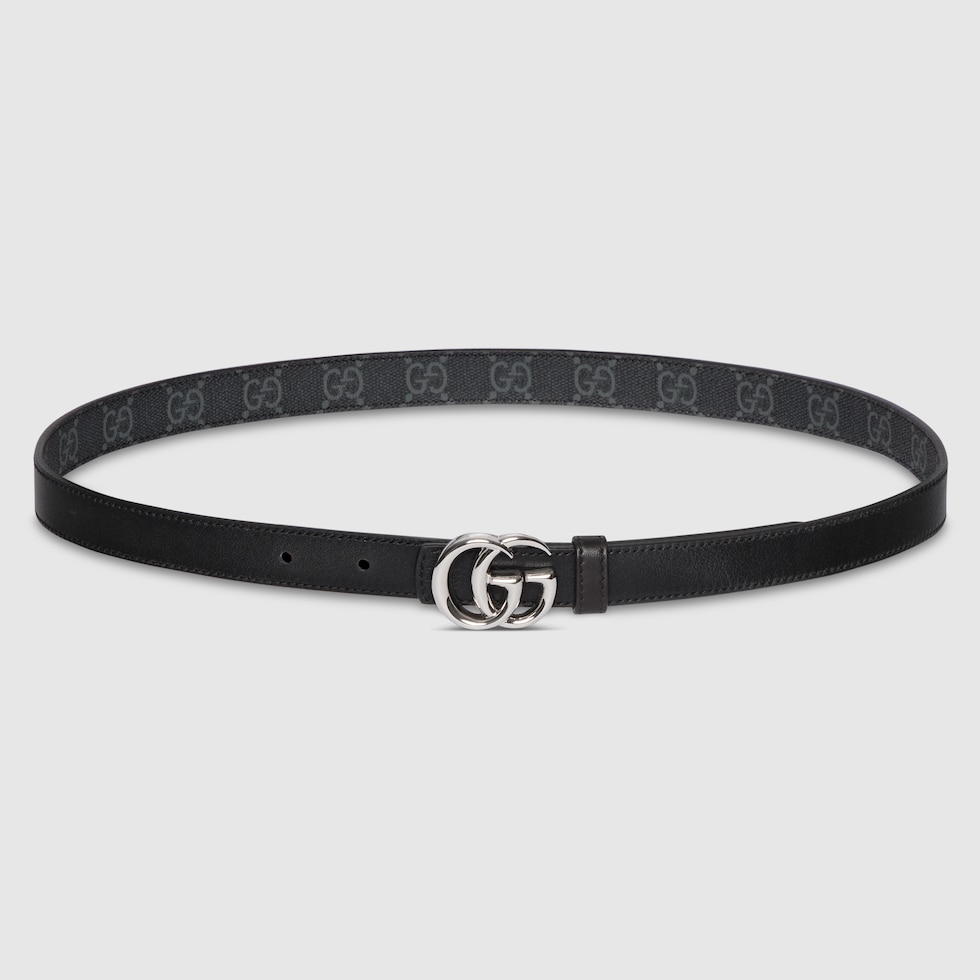 Reversible GG Marmont thin belt in black GG Supreme and black leather ...