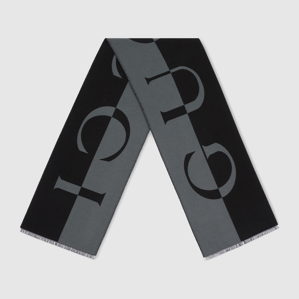 Wool scarf with Gucci logo in black and light grey | GUCCI® SG