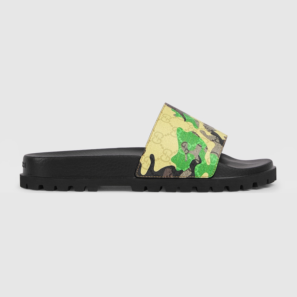 Men's lug-sole slide sandal in green and yellow GG fabric | GUCCI® NZ