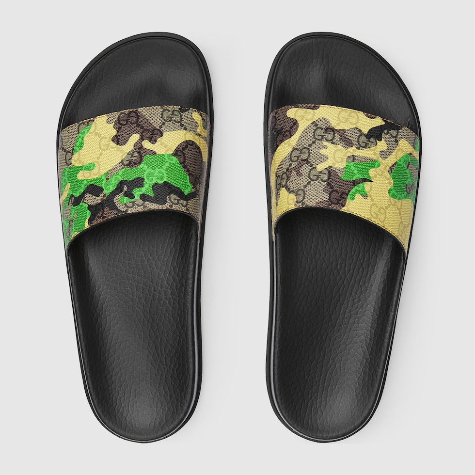 Men's lug-sole slide sandal in green and yellow GG fabric | GUCCI® NZ