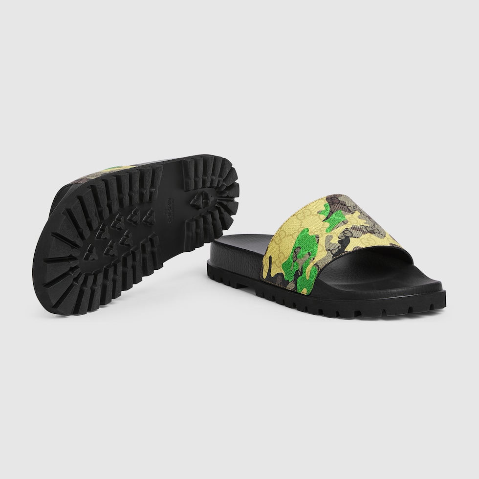 Men's lug-sole slide sandal in green and yellow GG fabric | GUCCI® NZ