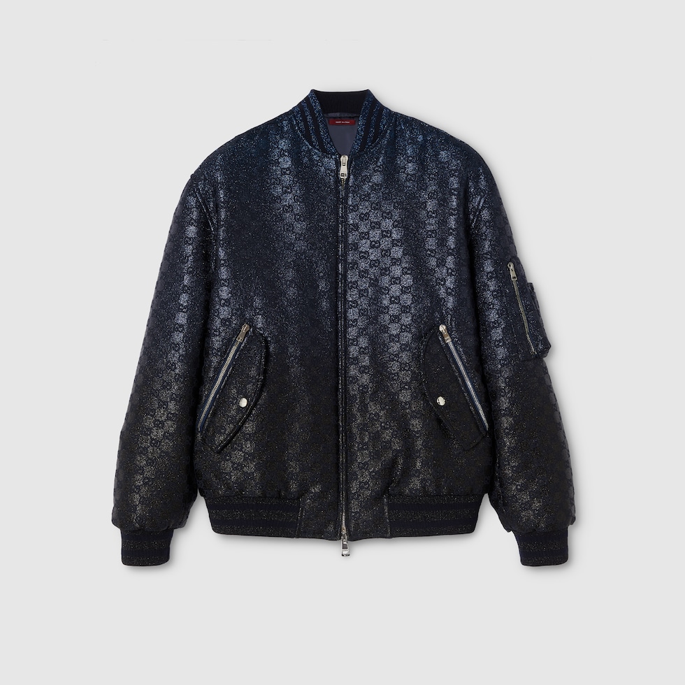 GG canvas lamé padded zip jacket in blue and black | GUCCI® SG