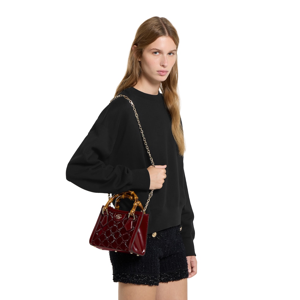 Gucci Diana crystals small tote bag in Rosso Ancora red velvet | GUCCI® BE