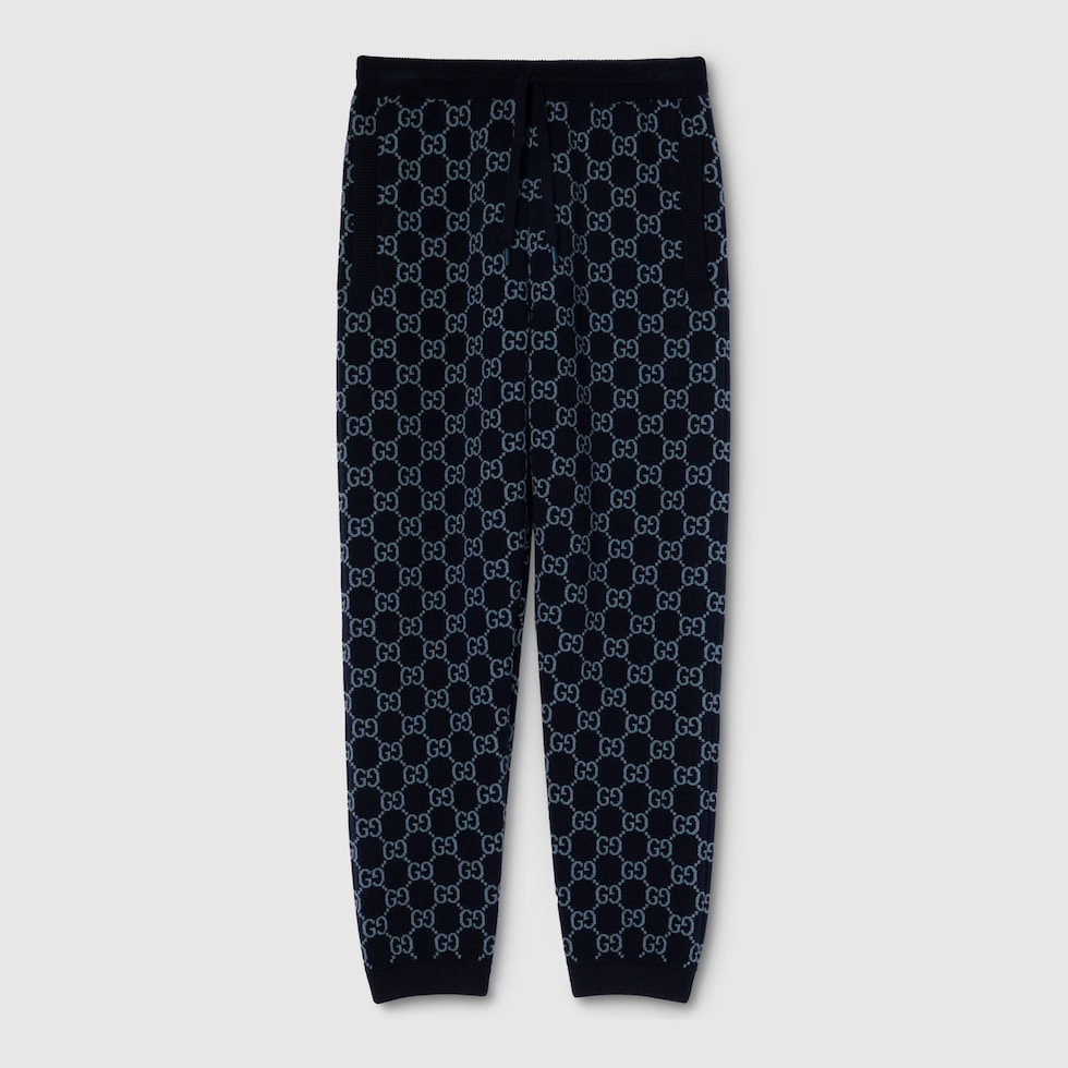 GG knit double wool leisure trousers in dark blue and grey | GUCCI® SG
