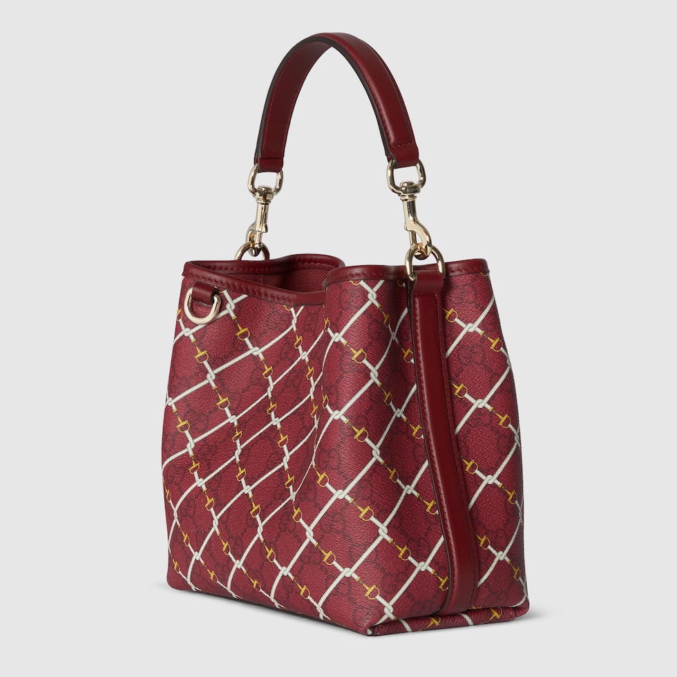 GG Emblem small bucket bag in red and pink GG fabric | GUCCI® HU