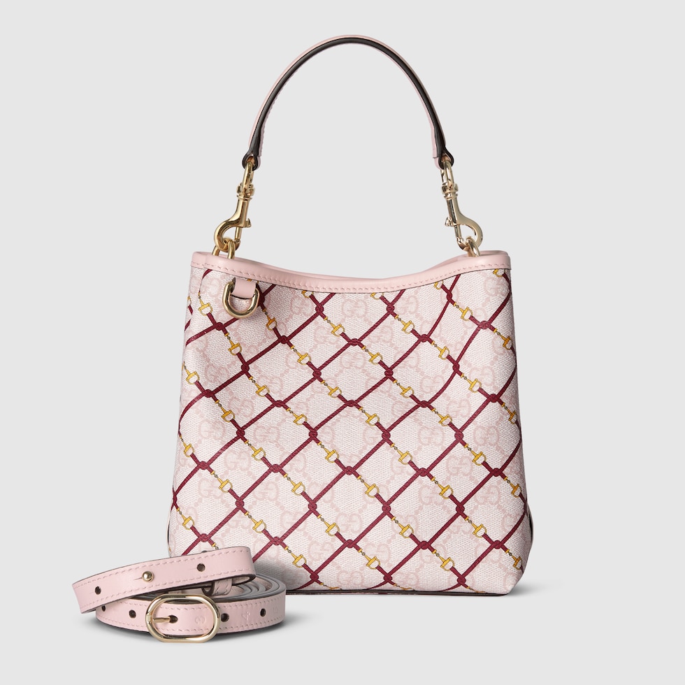 GG Emblem small bucket bag in pink and red GG fabric | GUCCI® SG