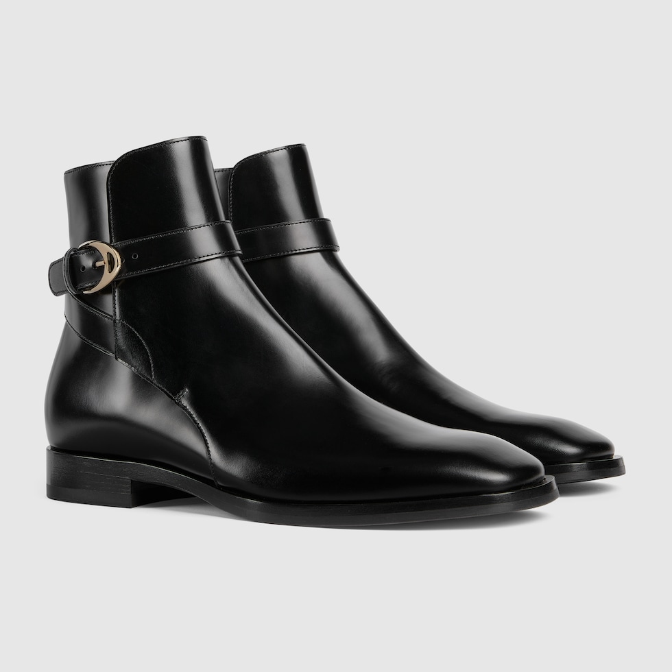 Men's boot with buckle in black leather | GUCCI® US