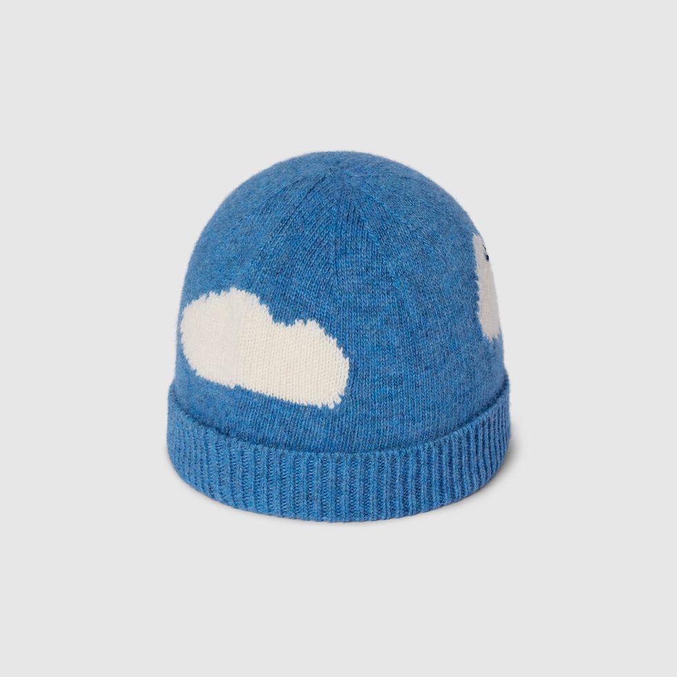 Bonnet pour bébé avec intarsia en bleu clair et blanc | GUCCI® FR