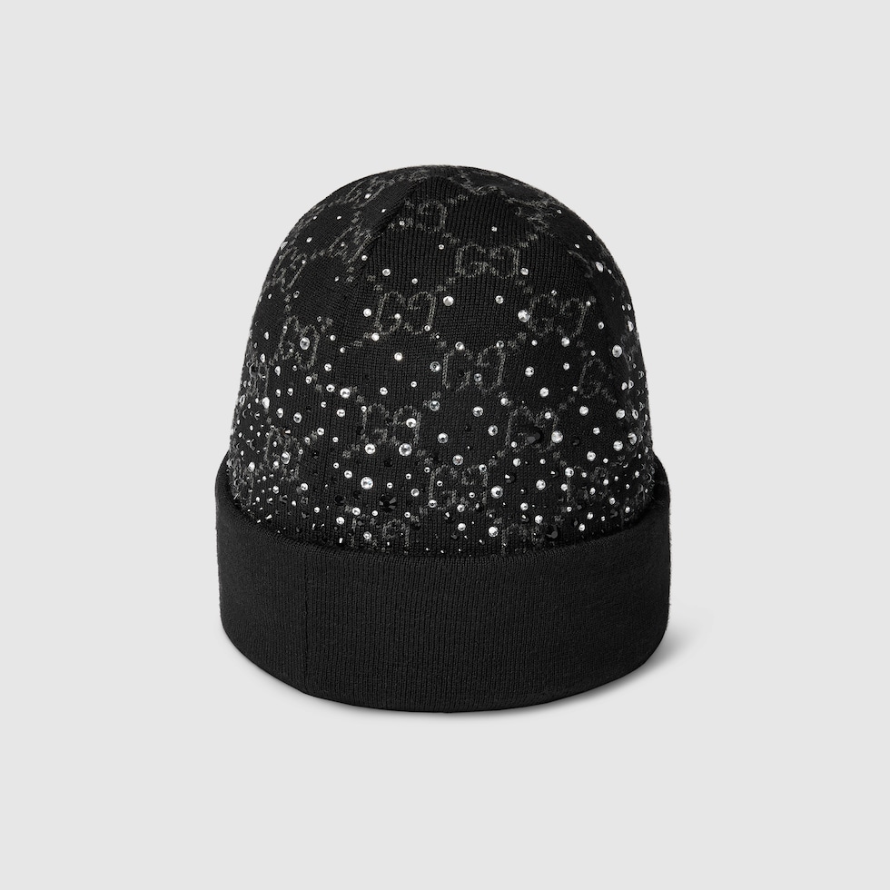 GG wool beanie hat with crystals in black | GUCCI® AE