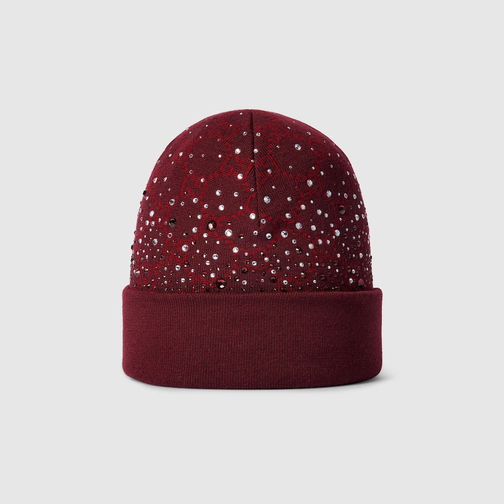GG wool beanie hat with crystals in bordeaux | GUCCI® DE