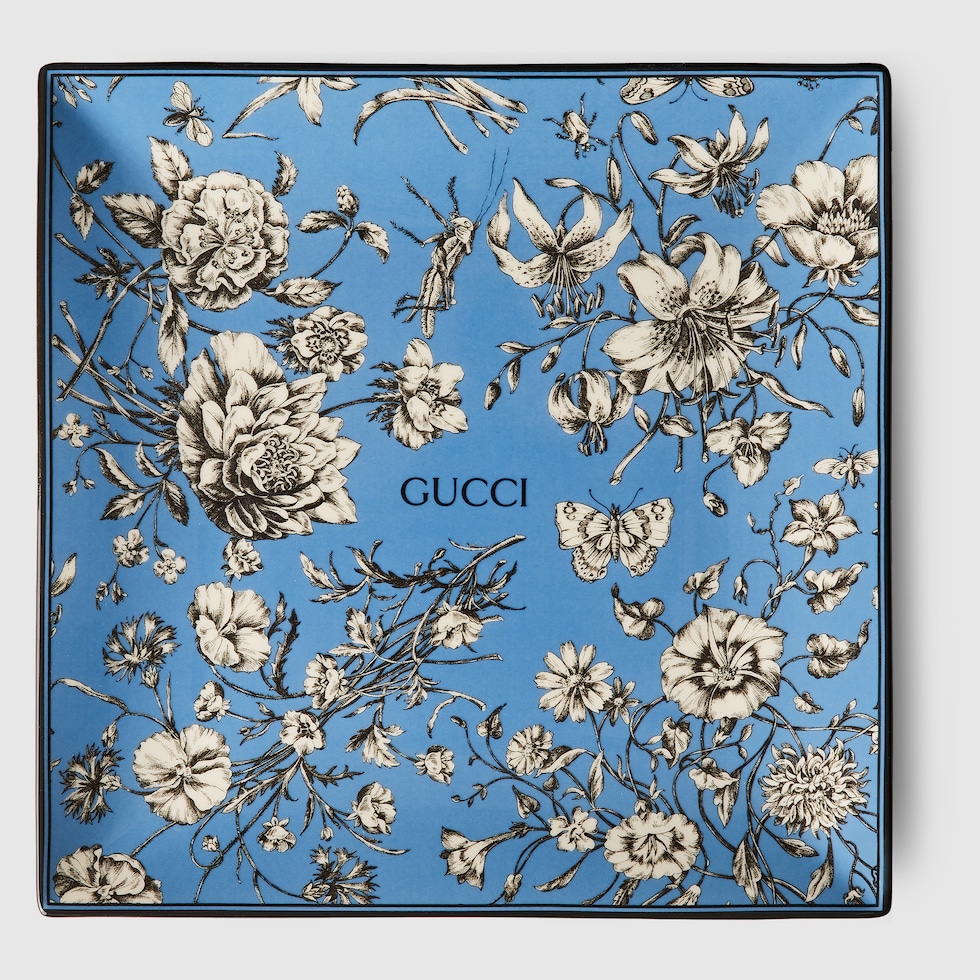 Gucci Flora Sketch print large trinket tray in blue and ivory porcelain ...