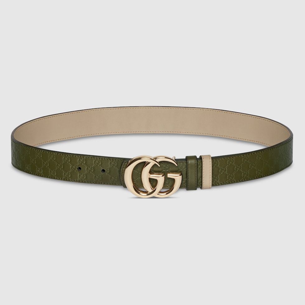 Reversible GG Marmont belt in green GG and beige leather | GUCCI® SG