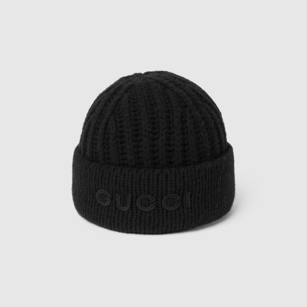 Cappello in lana cashmere con ricamo in nero | GUCCI® AE