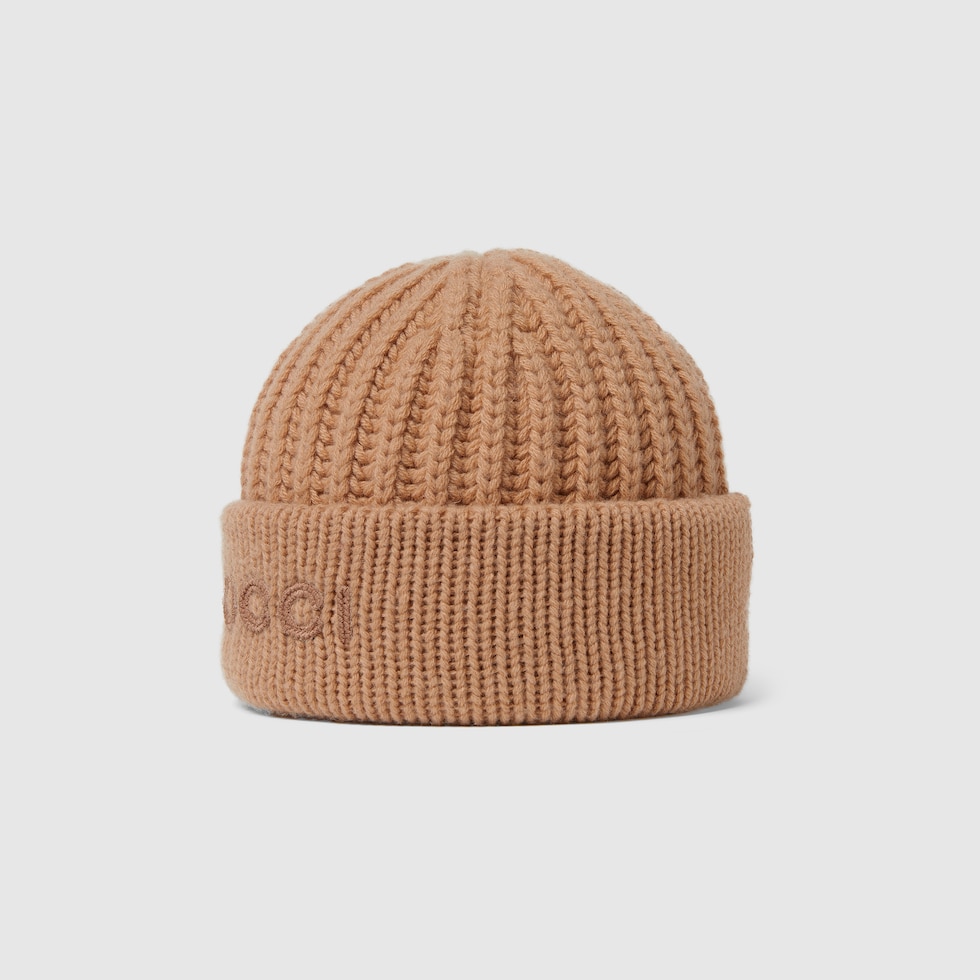 Wool cashmere hat with embroidery in beige | GUCCI® TR