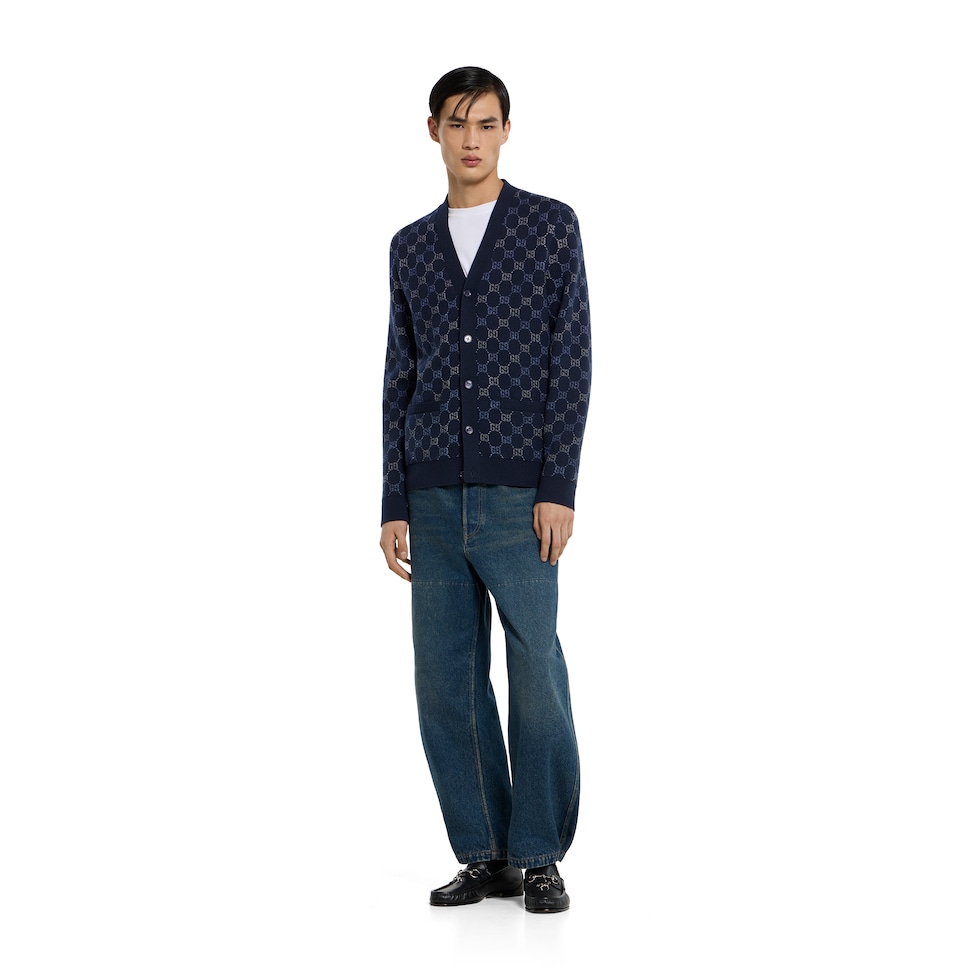 GG double wool knit sweater in dark blue | GUCCI® CA
