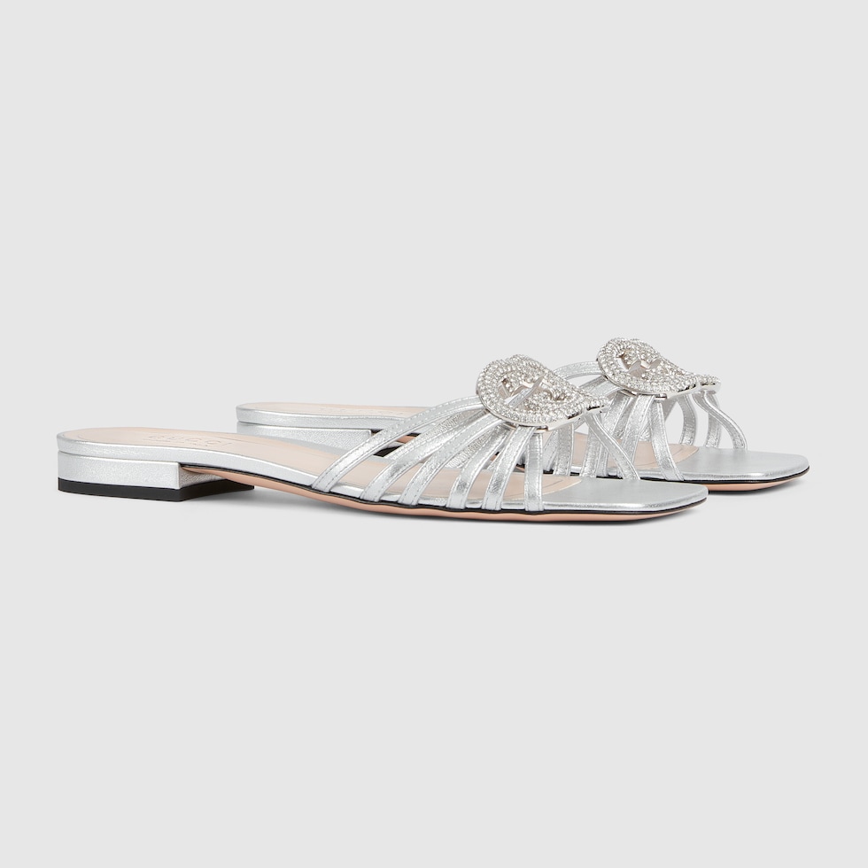Women's slide with crystal Interlocking G in silver leather | GUCCI® AU