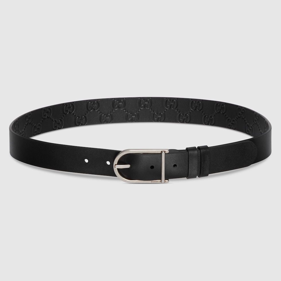 Reversible belt with rounded buckle in black GG leather and leather ...