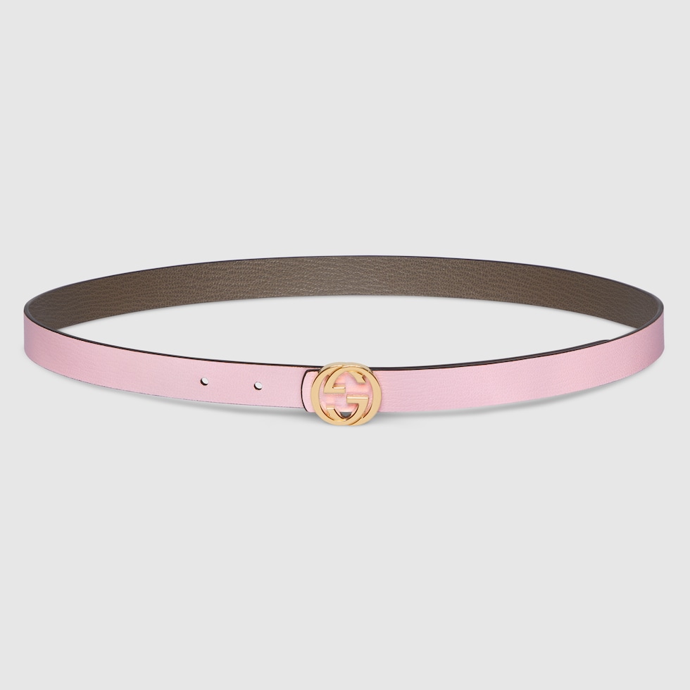 Reversible thin belt in pink and taupe leather | GUCCI® ZA