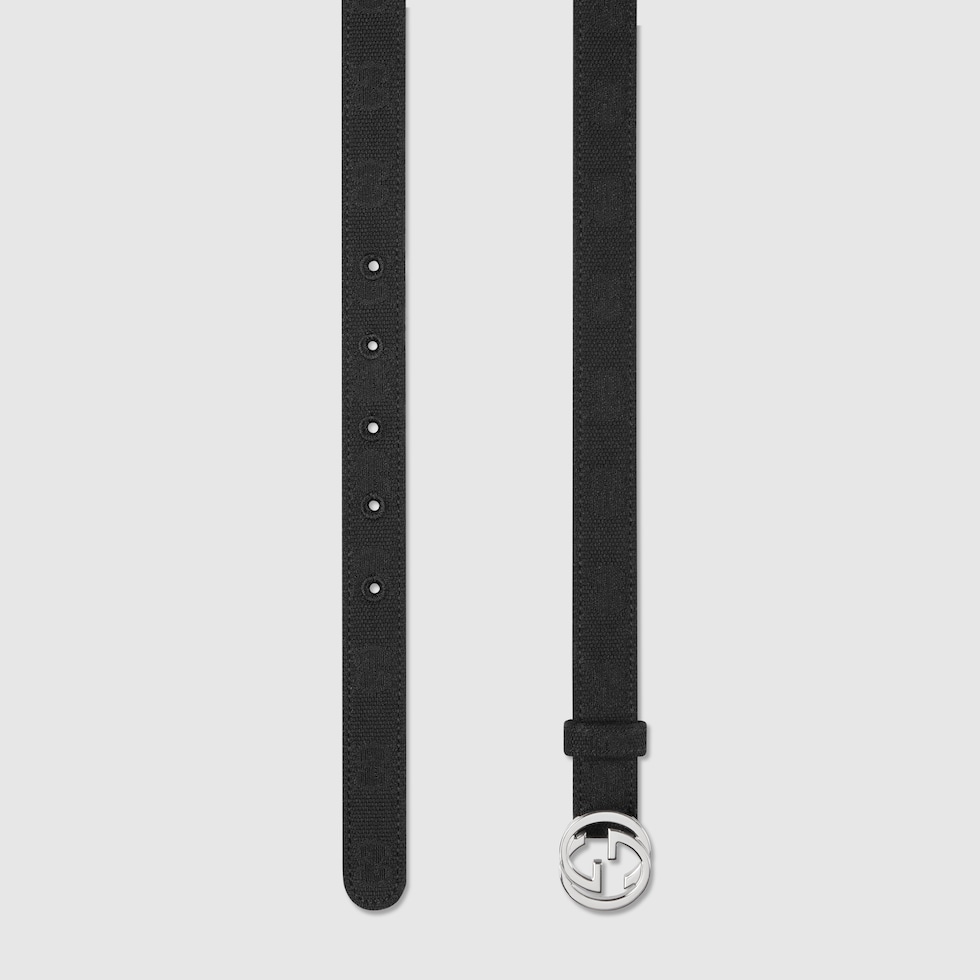 Thin belt with Interlocking G buckle in black GG canvas | GUCCI® US