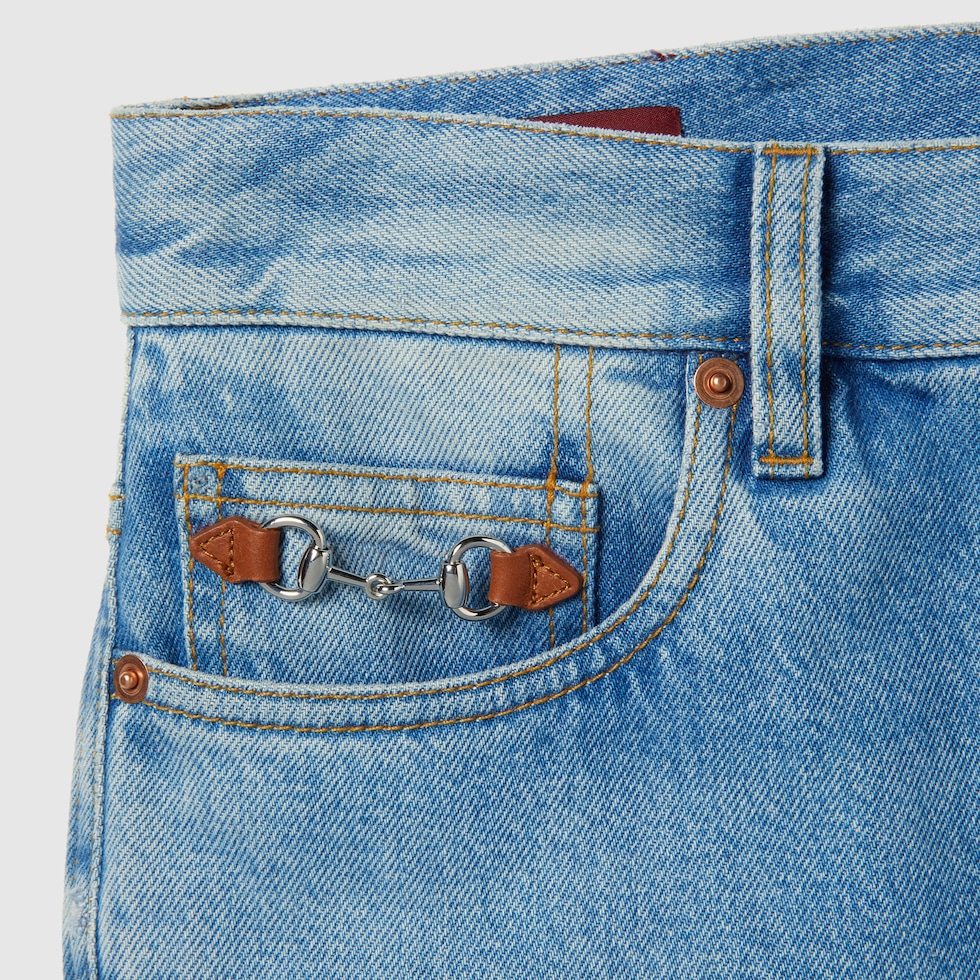 Flared bleached cotton denim pants in light blue | GUCCI® US