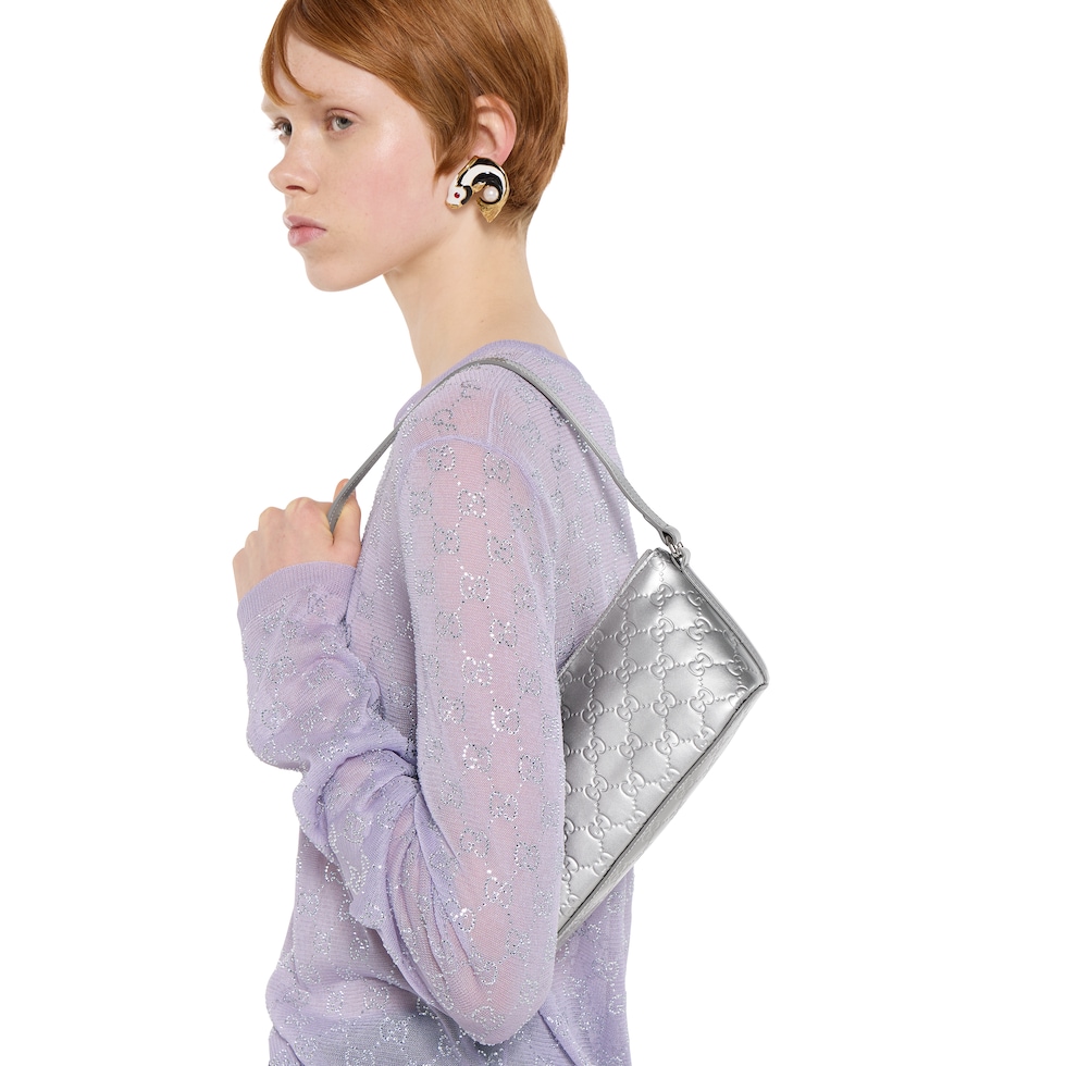 GG Emblem small shoulder bag in silver GG leather | GUCCI® SG