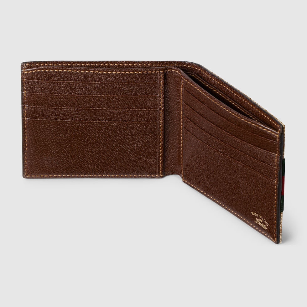 Bi-fold wallet with Web in sand and brown GG canvas | GUCCI® SG