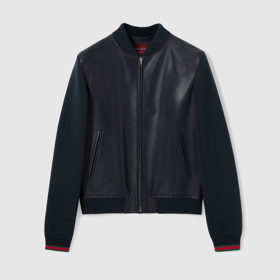 Nappa leather and knit bomber jacket in navy | GUCCI® SE