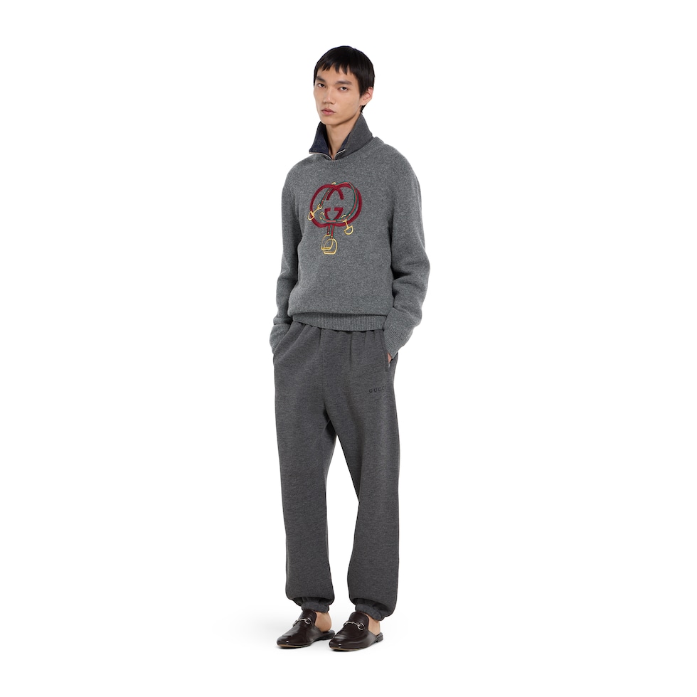 Knit wool sweater with embroidery in dark grey | GUCCI® US