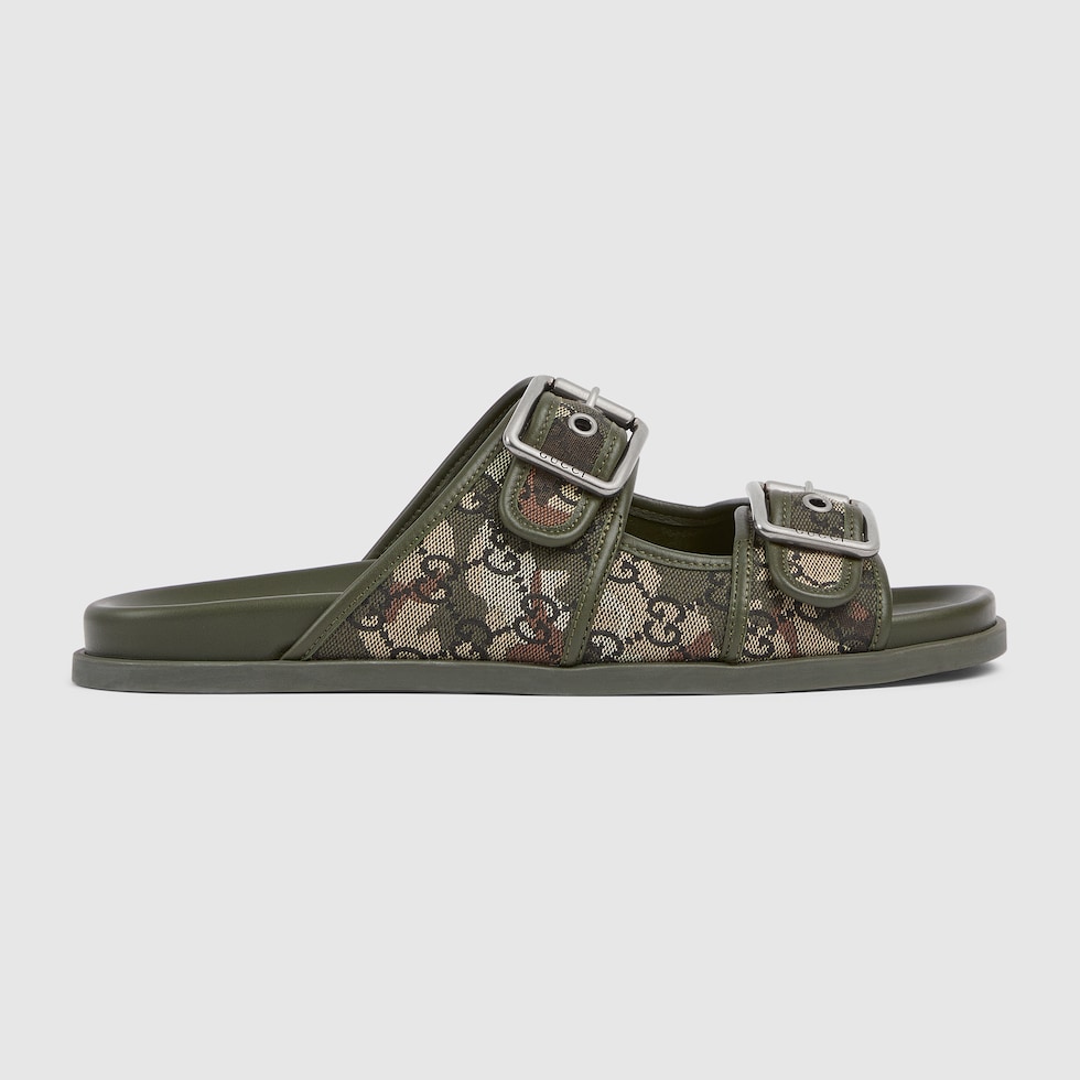 Men's slide sandal with buckles in black and grey GG canvas | GUCCI® AU