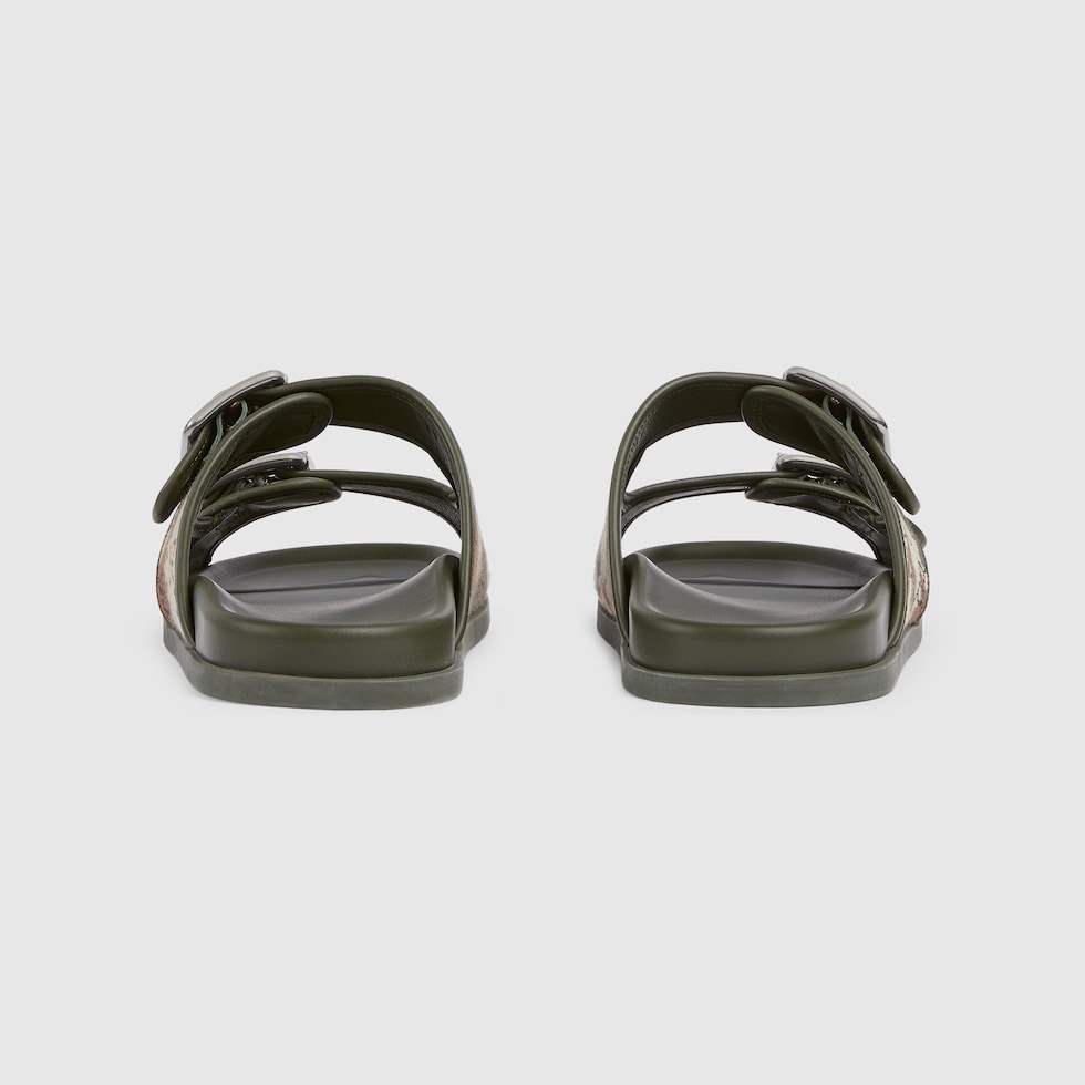 Men's slide sandal with buckles in black and grey GG canvas | GUCCI® AU