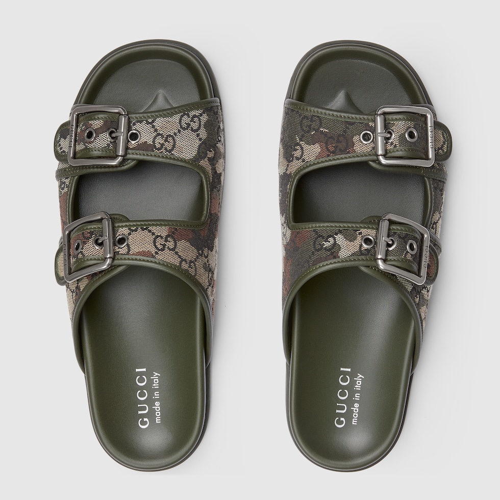 Men's slide sandal with buckles in black and grey GG canvas | GUCCI® AU