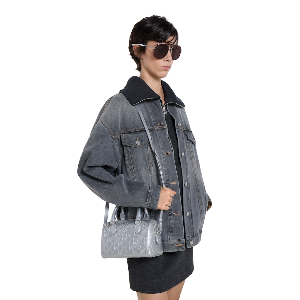 GG Emblem small boston bag in silver GG leather | GUCCI® SG